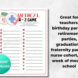 Medical A to Z Game | PRINTABLE Medical Game | Doctor Nurse Fun Game ...