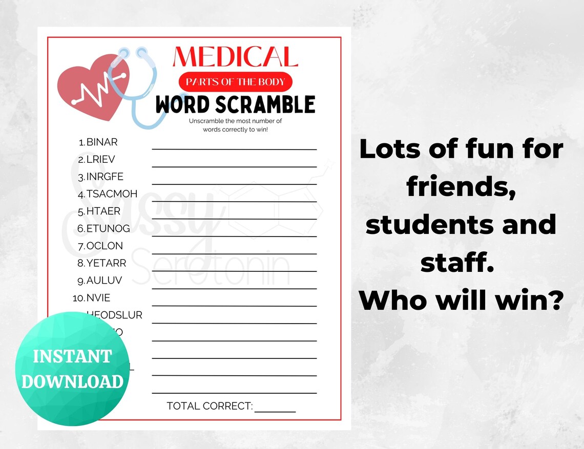 Medical Word Scramble | PRINTABLE Medical Game | Doctor Nurse Fun Game ...