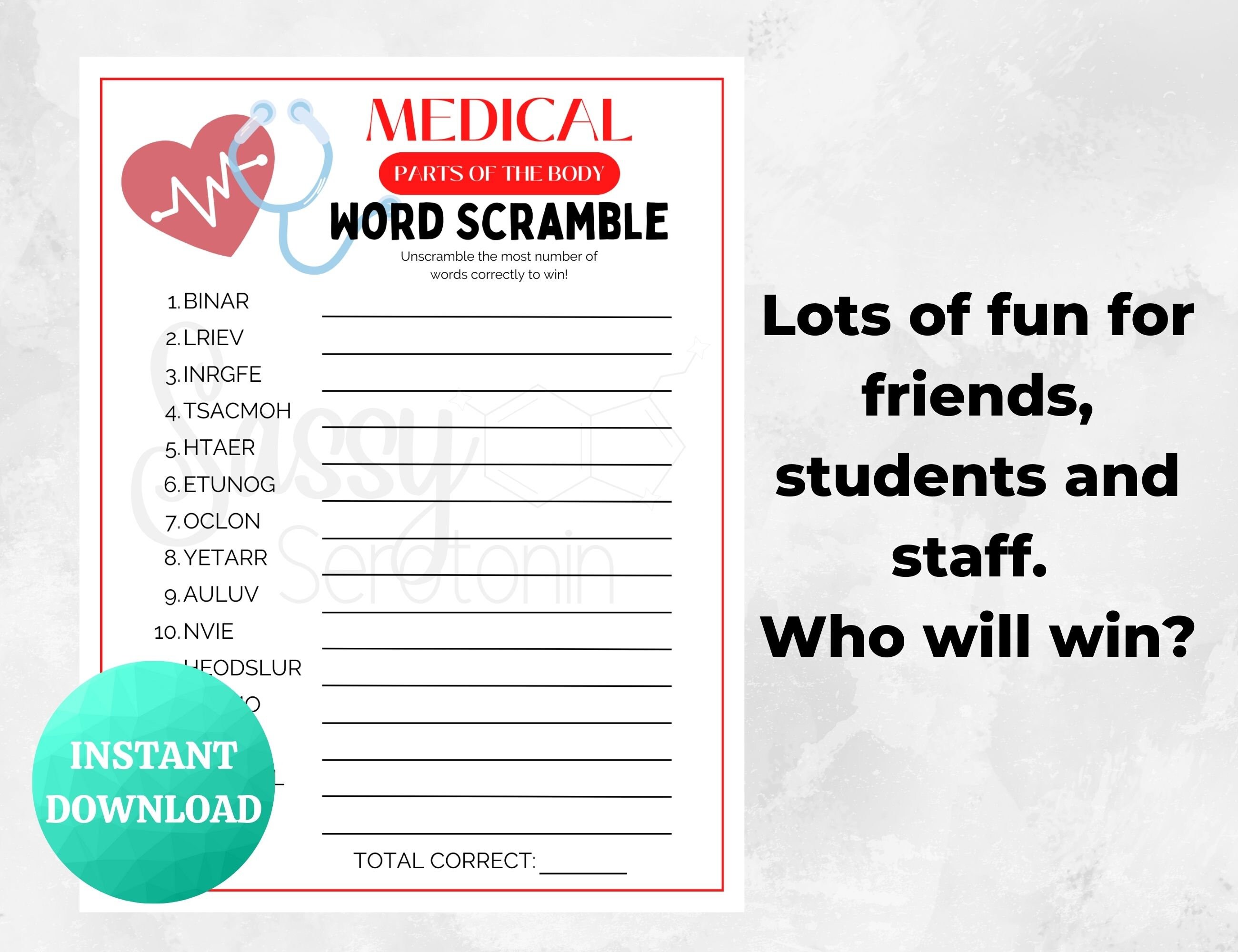 Medical Word Scramble | PRINTABLE Medical Game | Doctor Nurse Fun Game ...