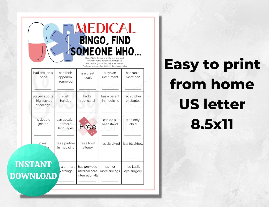 Medical Bingo, Find Someone Who | PRINTABLE Medical Game | Doctor Nurse ...