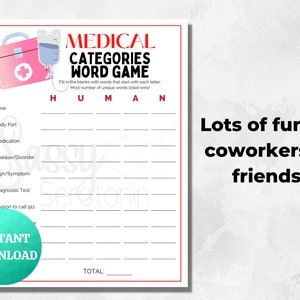 Medical Categories Word Game | PRINTABLE Medical Game | Doctor Nurse ...
