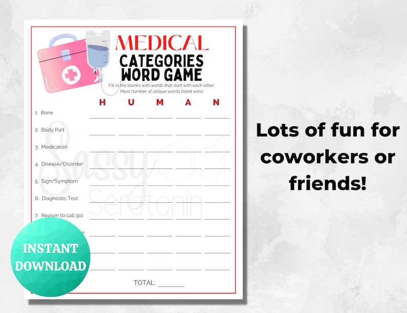 Medical Categories Word Game | PRINTABLE Medical Game | Doctor Nurse ...
