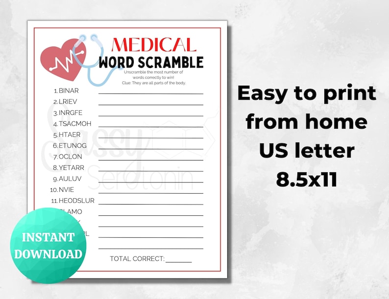 Medical Word Scramble PRINTABLE Medical Game Doctor Nurse - Etsy