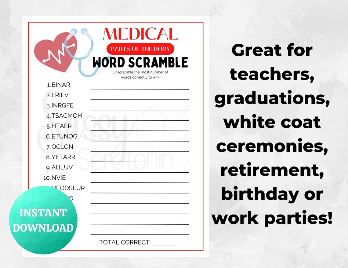 Medical Word Scramble | PRINTABLE Medical Game | Doctor Nurse Fun Game ...