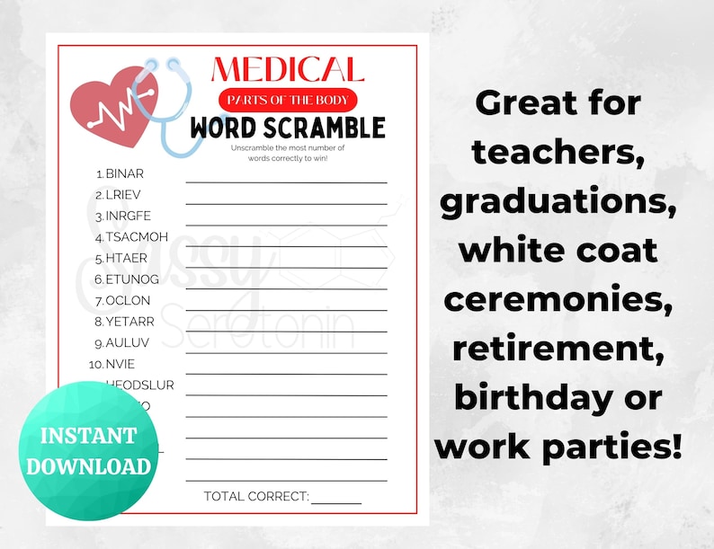 Medical Word Scramble | PRINTABLE Medical Game | Doctor Nurse Fun Game ...