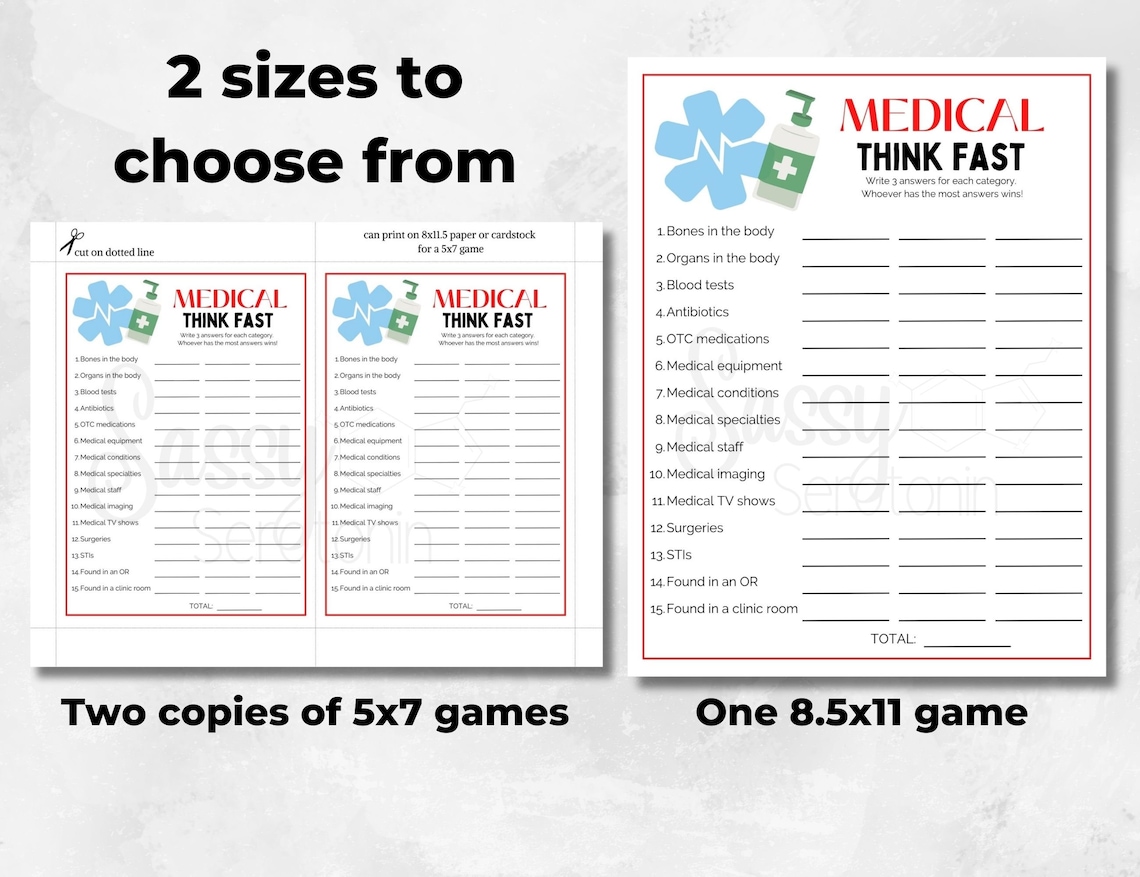 Medical Think Fast | PRINTABLE Medical Game | Doctor Nurse Fun Game ...