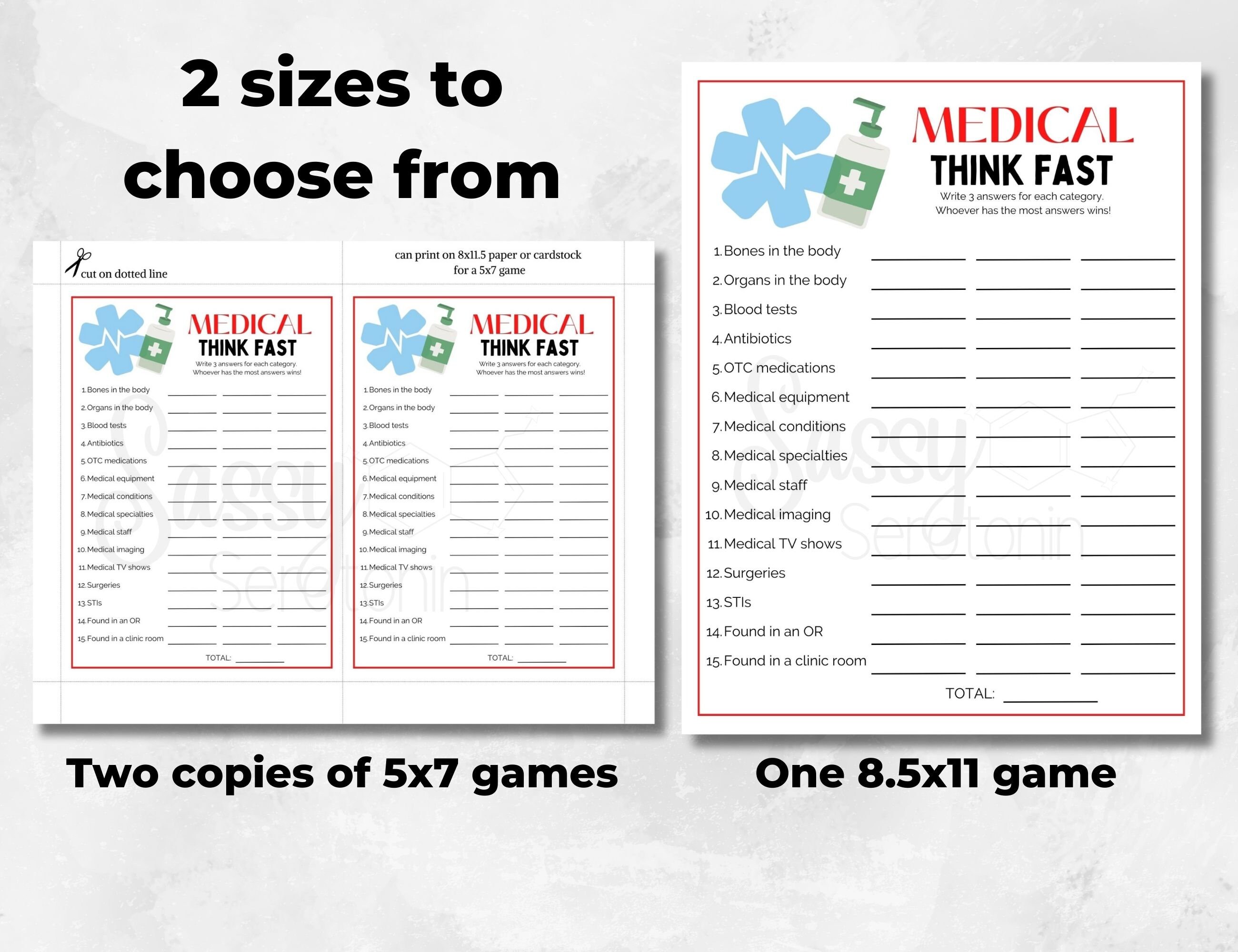 Medical Think Fast | PRINTABLE Medical Game | Doctor Nurse Fun Game ...