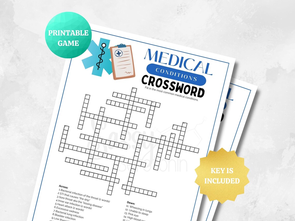 Medical Conditions Crossword | PRINTABLE Doctor Nurse Fun Game ...