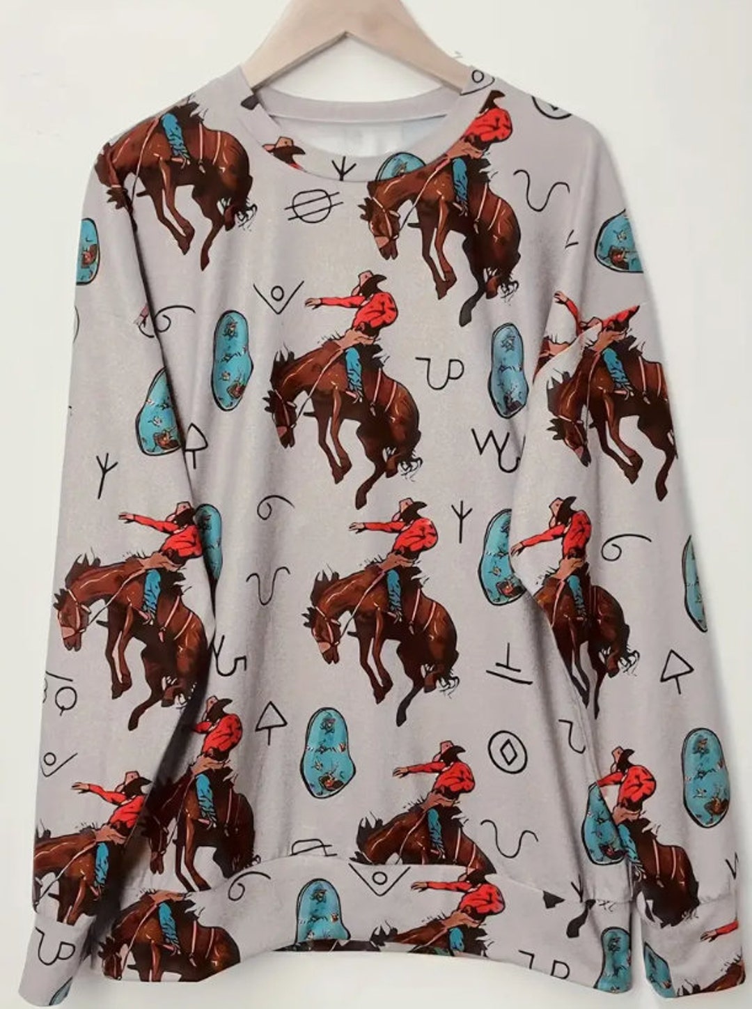 Turquoise Cowboy Long Sleeve, Western Print Long Sleeve, Cowboy Print ...