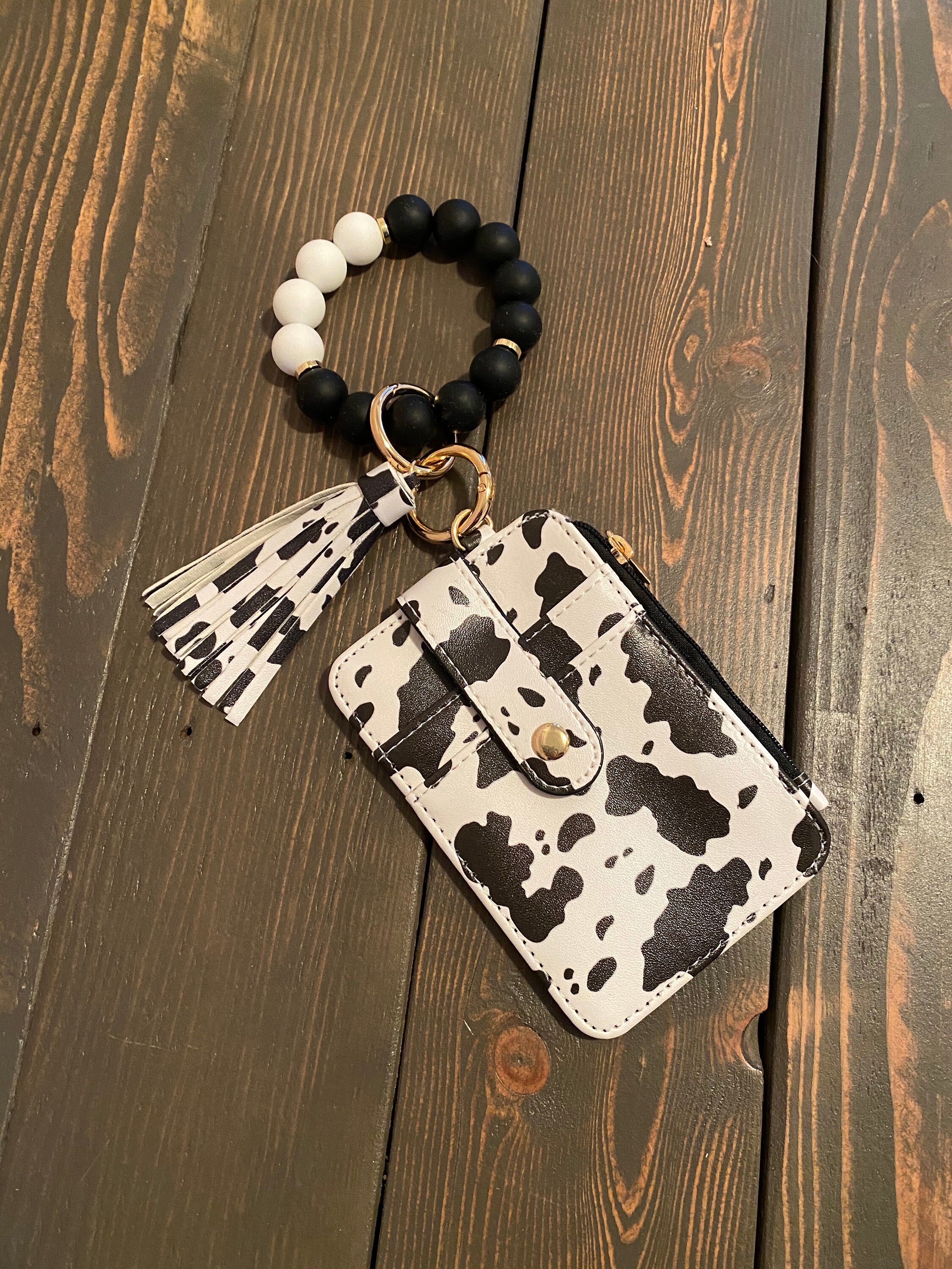 Cow Print Beaded Wristlet Keychain Cow Print Silicone Bead Bangle ...