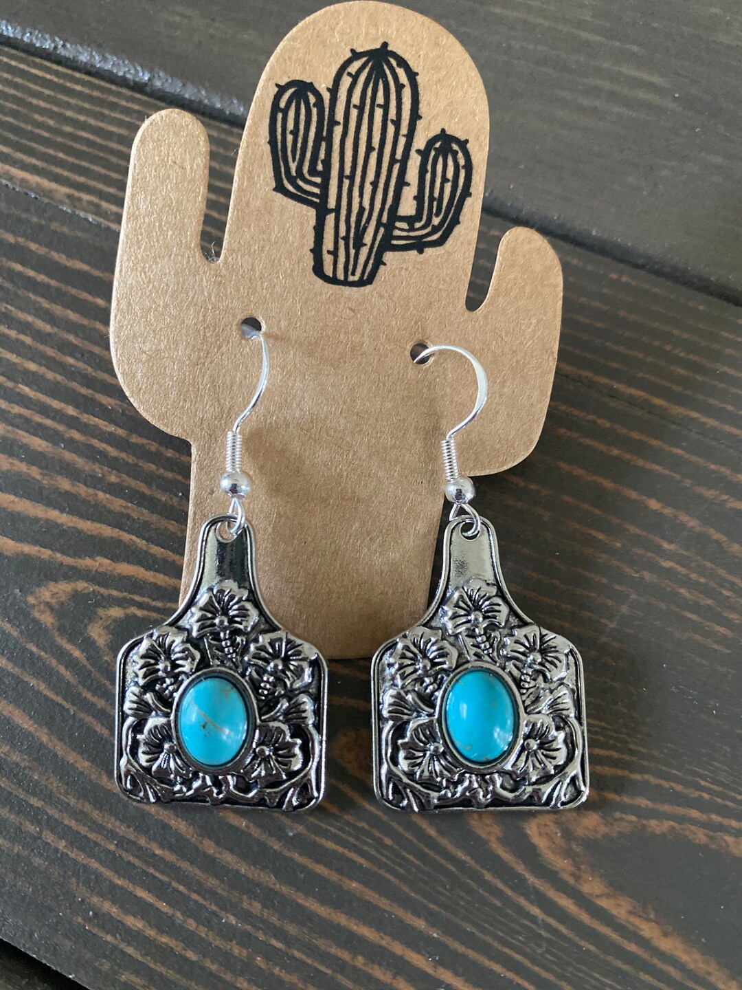 Western Cow Tag Stamped Faux Turquoise Earrings,cowgirl Earrings ...