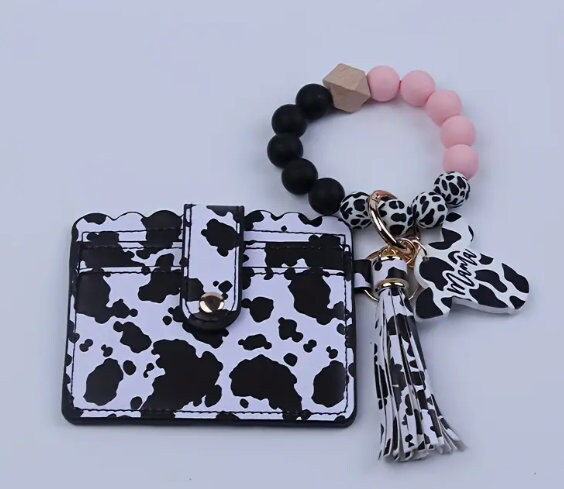 Cow Print Beaded Wristlet Keychain Cow Print Silicone Bead Bangle ...