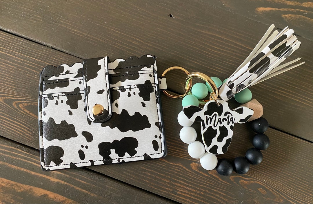 Cow Print Beaded Wristlet Keychain Cow Print Silicone Bead Bangle ...