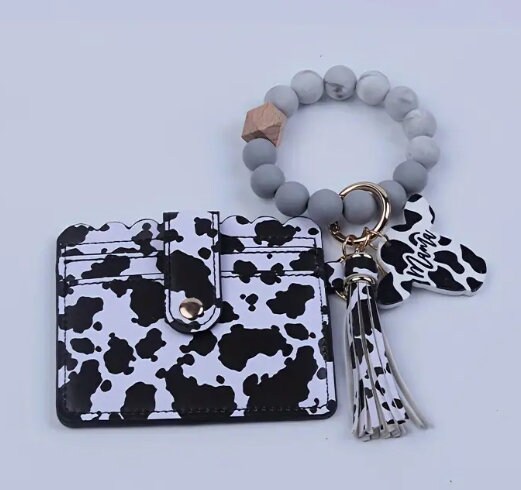 Cow Print Beaded Wristlet Keychain Cow Print Silicone Bead Bangle ...