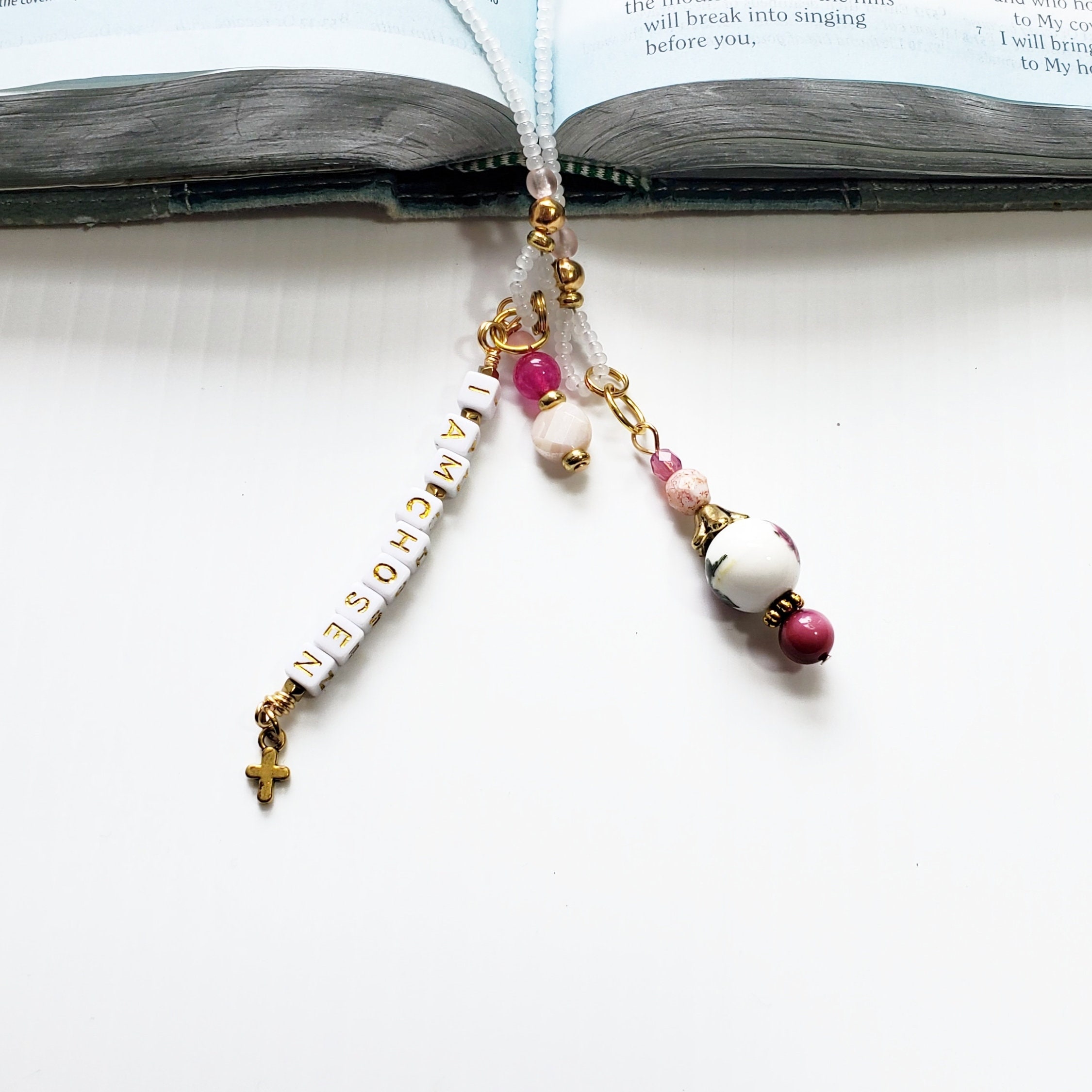 Beaded Bible Bookmark, Single Strand Gold, Who I Am, Word Charms, Gift ...
