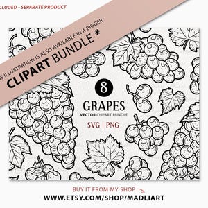 Grape SVG Clipart. Grape Vector Line Art. Grape Bundle Illustration. Grape Plant Leaves and ...
