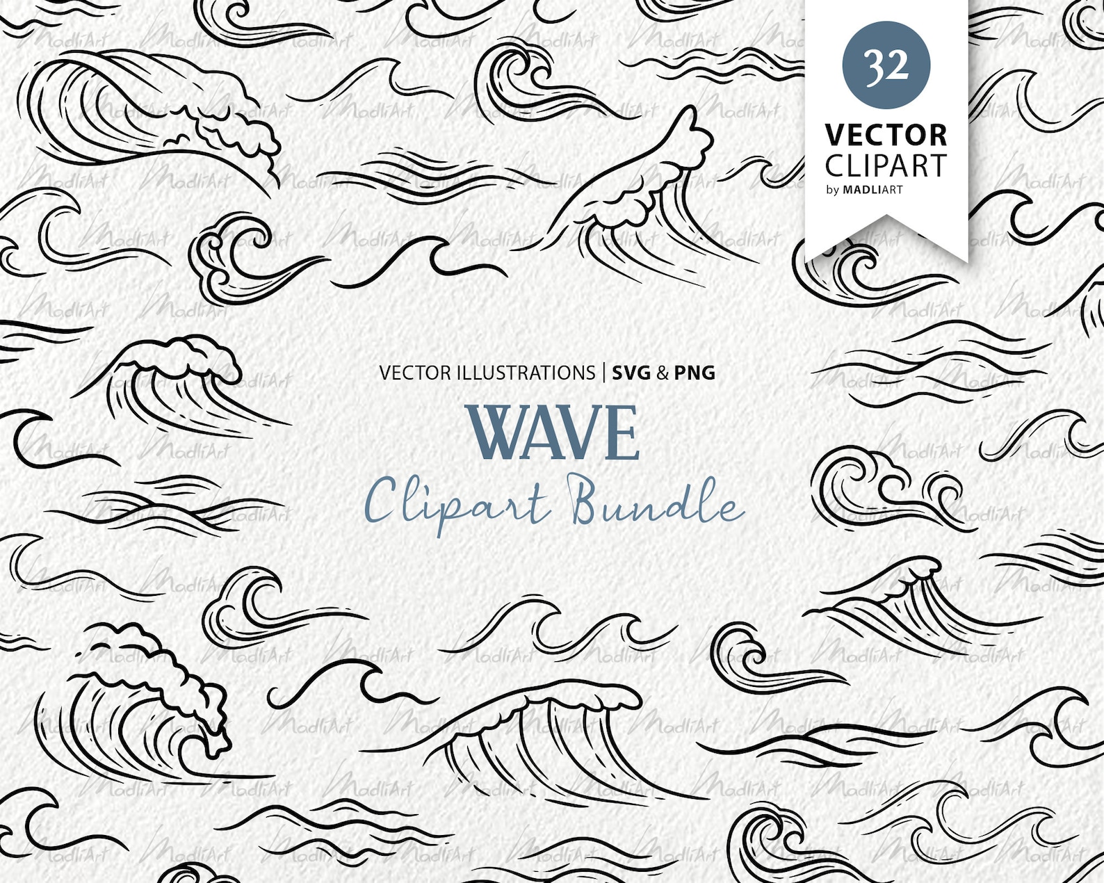 32 Waves Vector Clipart. Hand Drawn Wave Line Graphics. Beach Sea Art ...