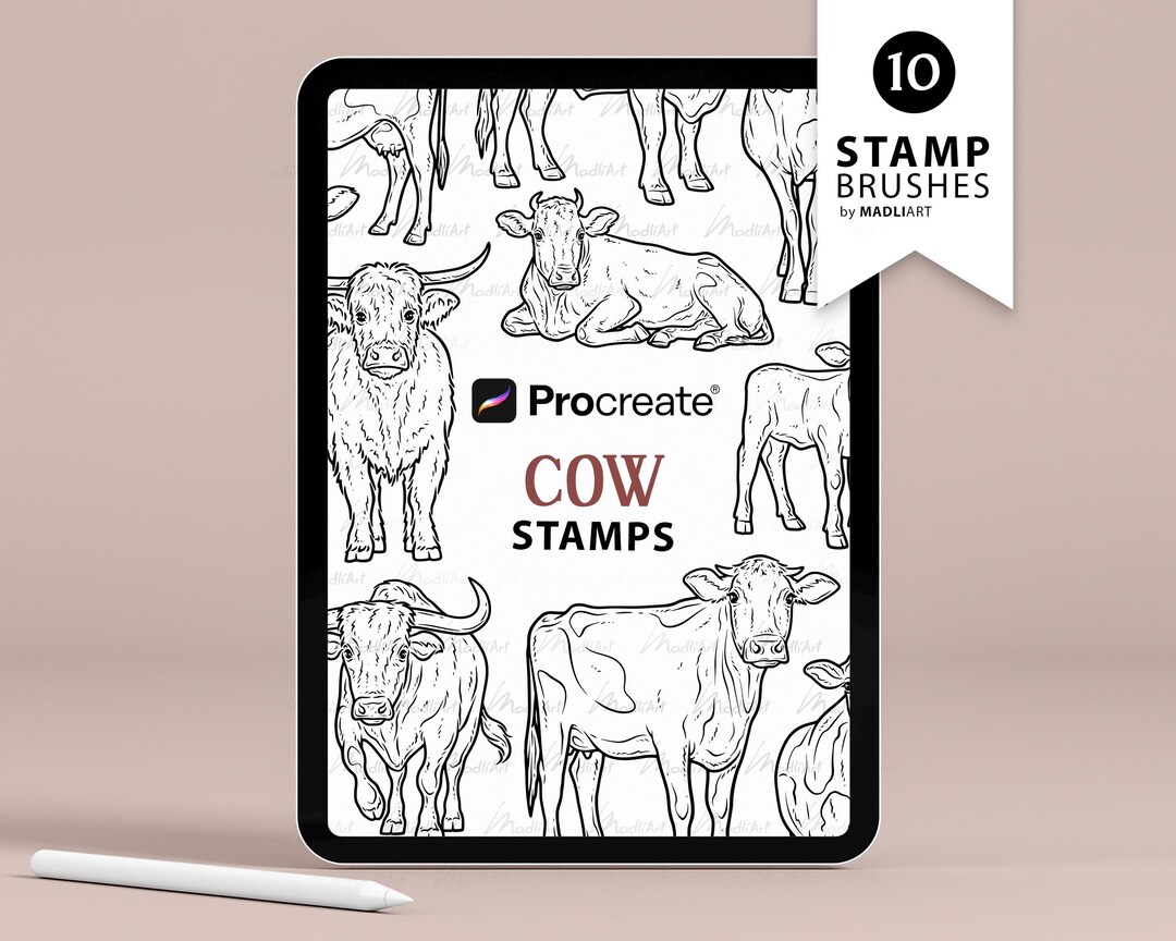 10 Cow Procreate Stamps. Cow Tattoo Design. Bull Stamps. Lamb Brush ...