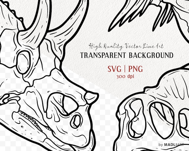 3 Dinosaur Skull SVG Clipart Set. Dilophosaurus, T-rex, Triceratops ...