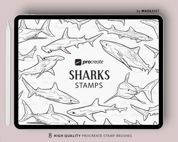 8 Procreate Shark Stamps. Sea Animal Tattoo Design. Great - Etsy