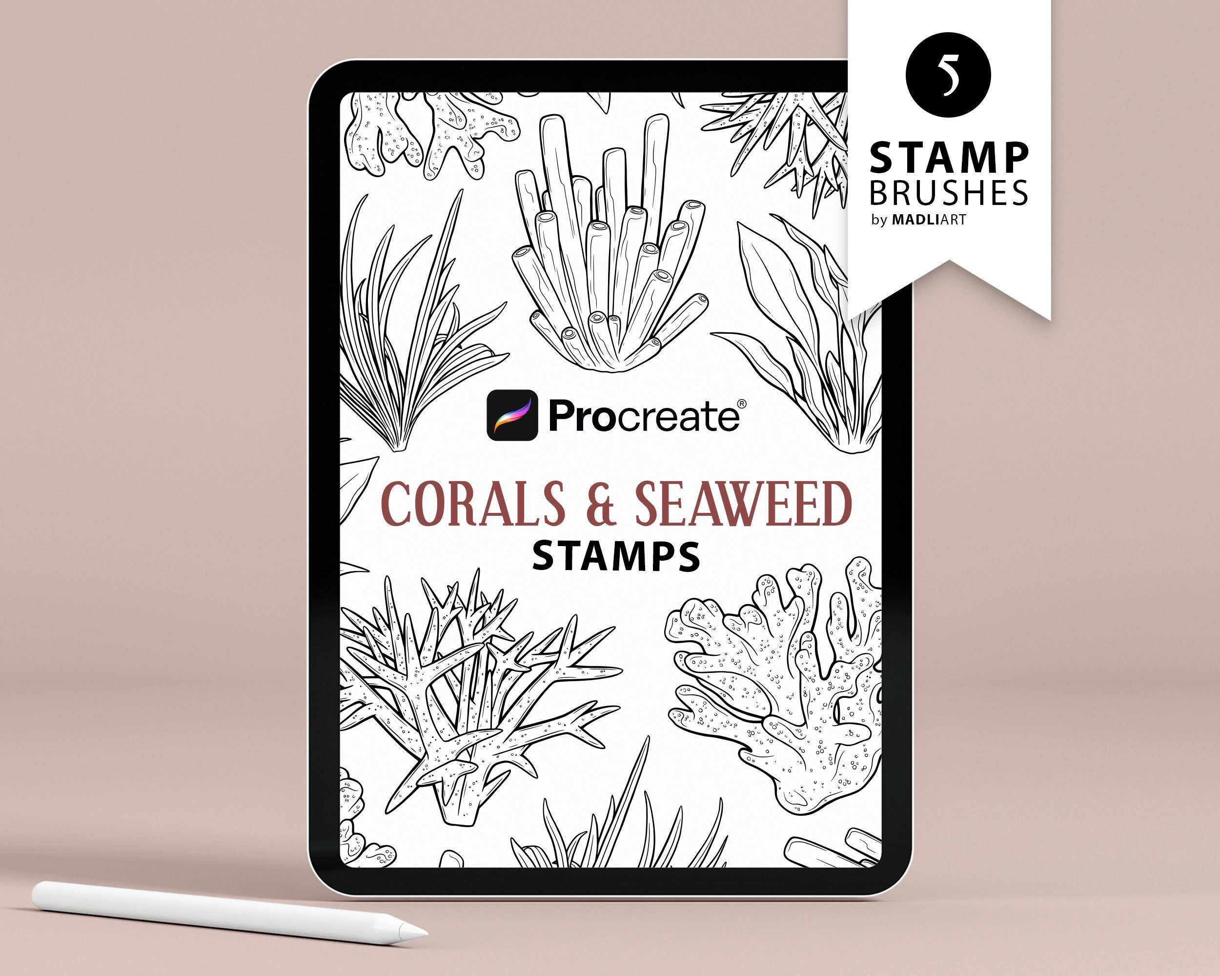 5 Procreate Coral & Seaweed Stamps. Ocean Themed Tattoo Design. Beach ...