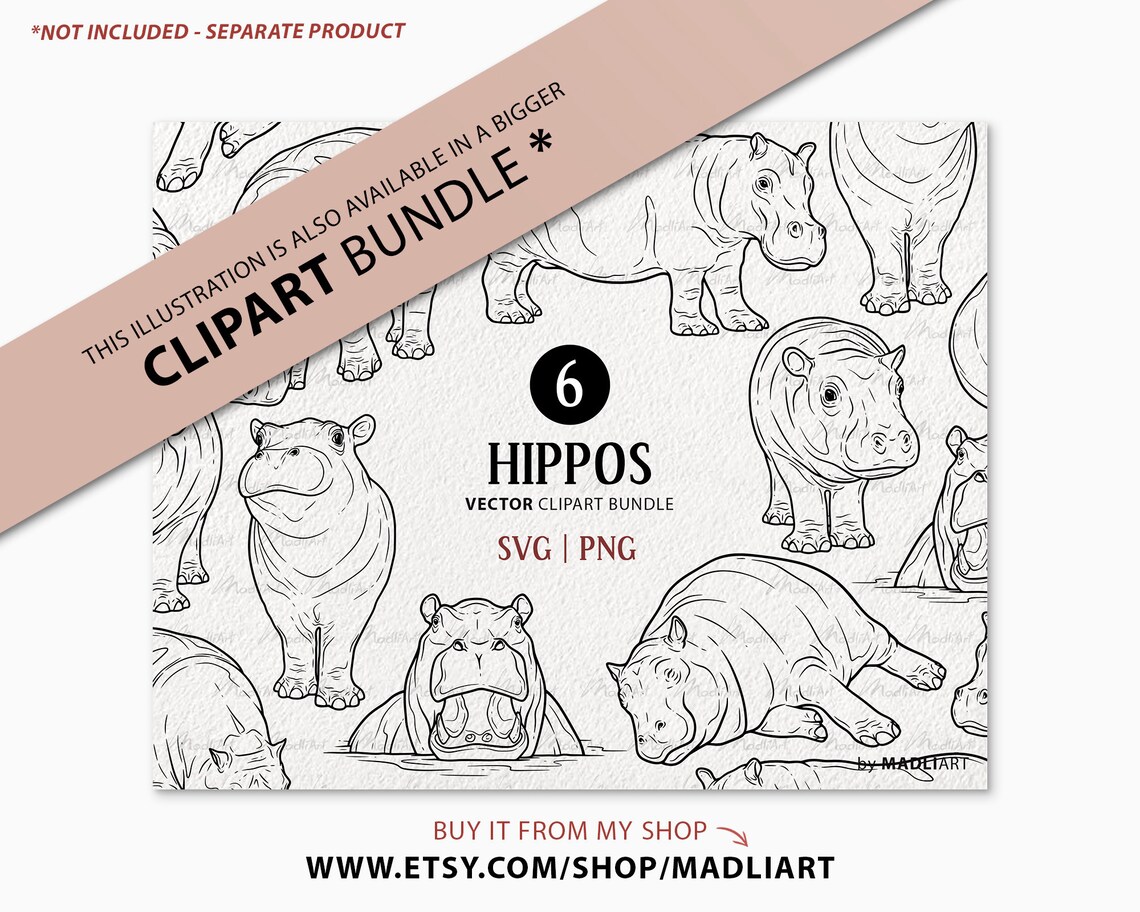 Baby Hippo SVG Clipart. Hippopotamus Vector Drawing. Hippo Line Art ...