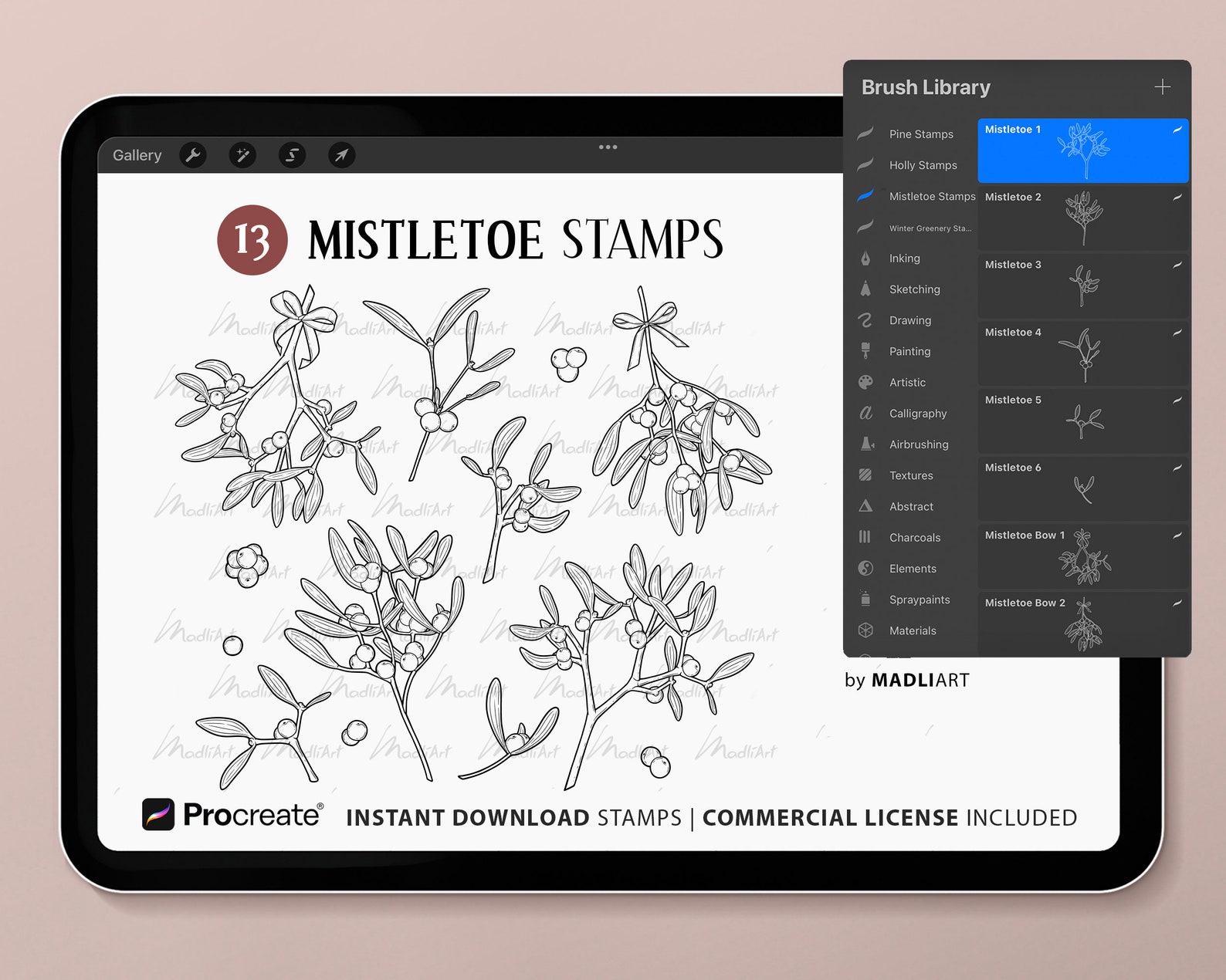 Christmas Mistletoe Procreate Stamps. Winter Leaves Tattoo Design. Xmas ...