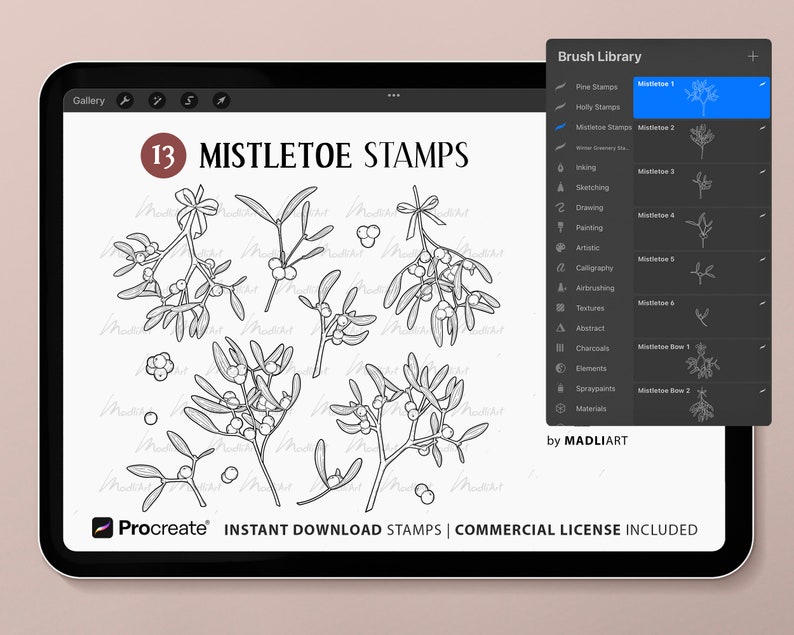 Christmas Mistletoe Procreate Stamps. Winter Leaves Tattoo Design. Xmas ...