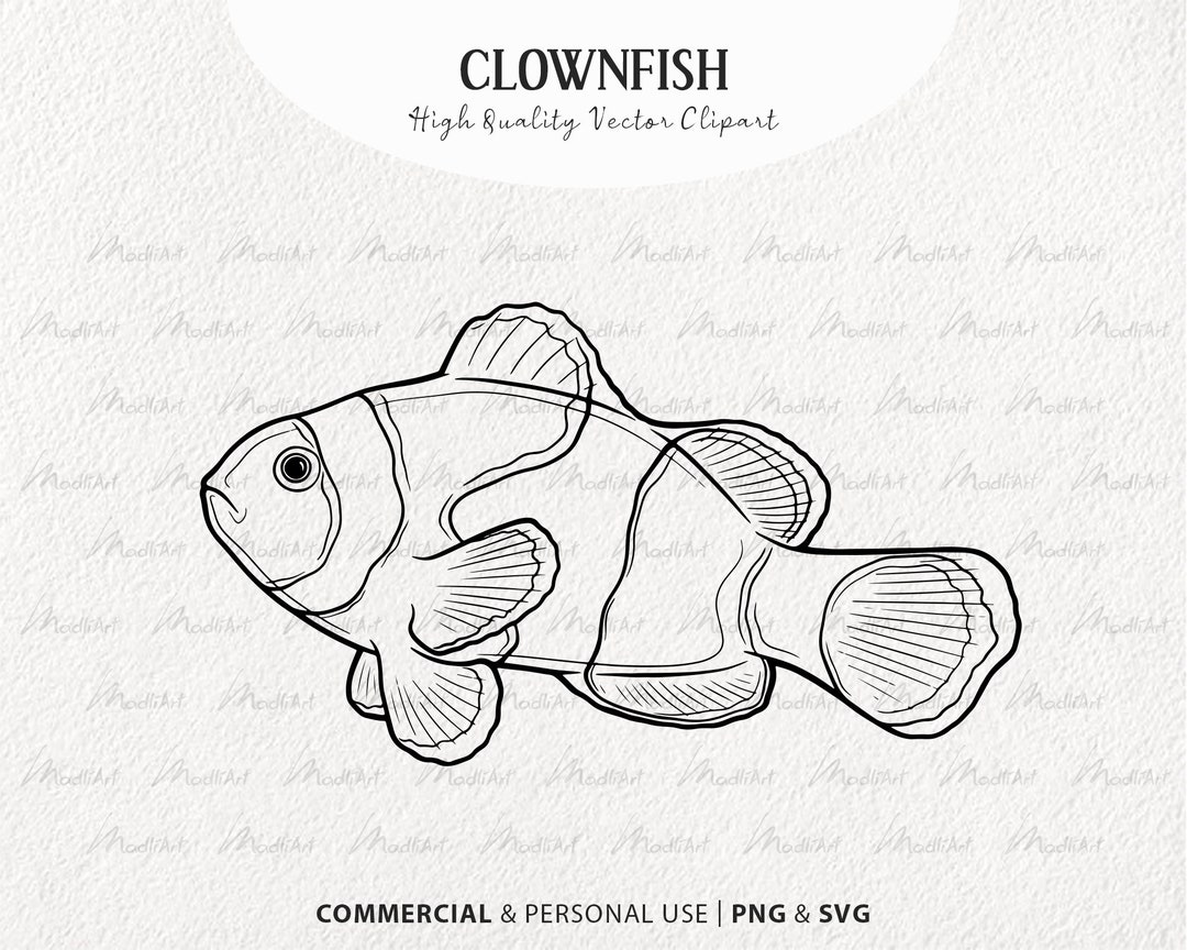 Clownfish Vector Clipart. Coral Reef Fish SVG Drawing. Ocean Fish Line ...