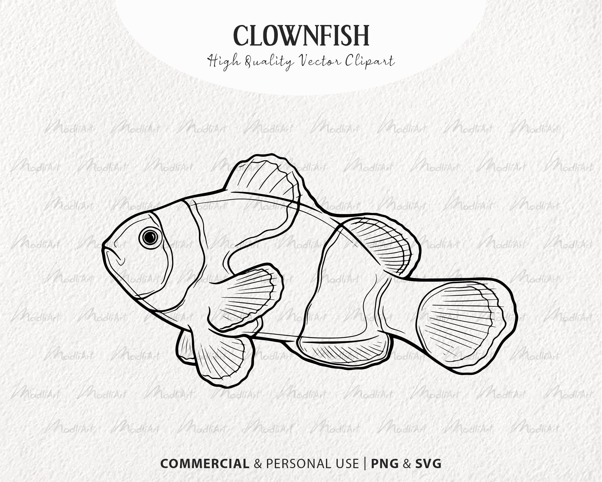 Clownfish Vector Clipart. Coral Reef Fish SVG Drawing. Ocean Fish Line ...