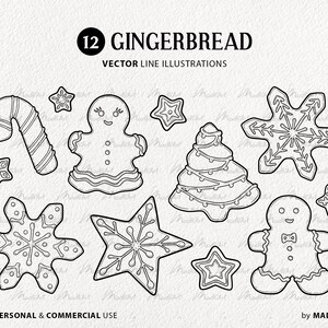 Christmas Gingerbread SVG Clipart Bundle. 12 Winter Line Art Cookies ...