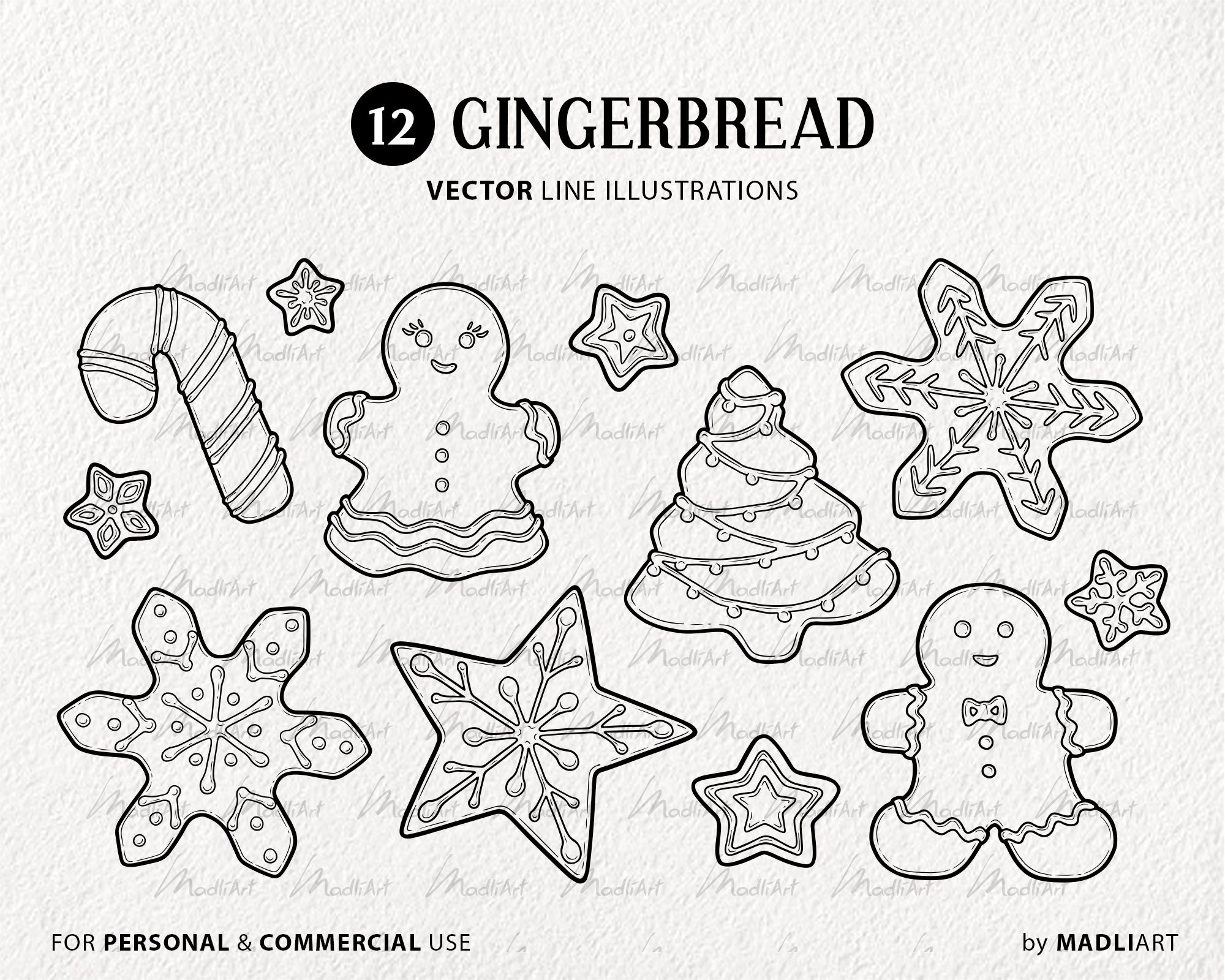 Christmas Gingerbread SVG Clipart Bundle. 12 Winter Line Art Cookies ...