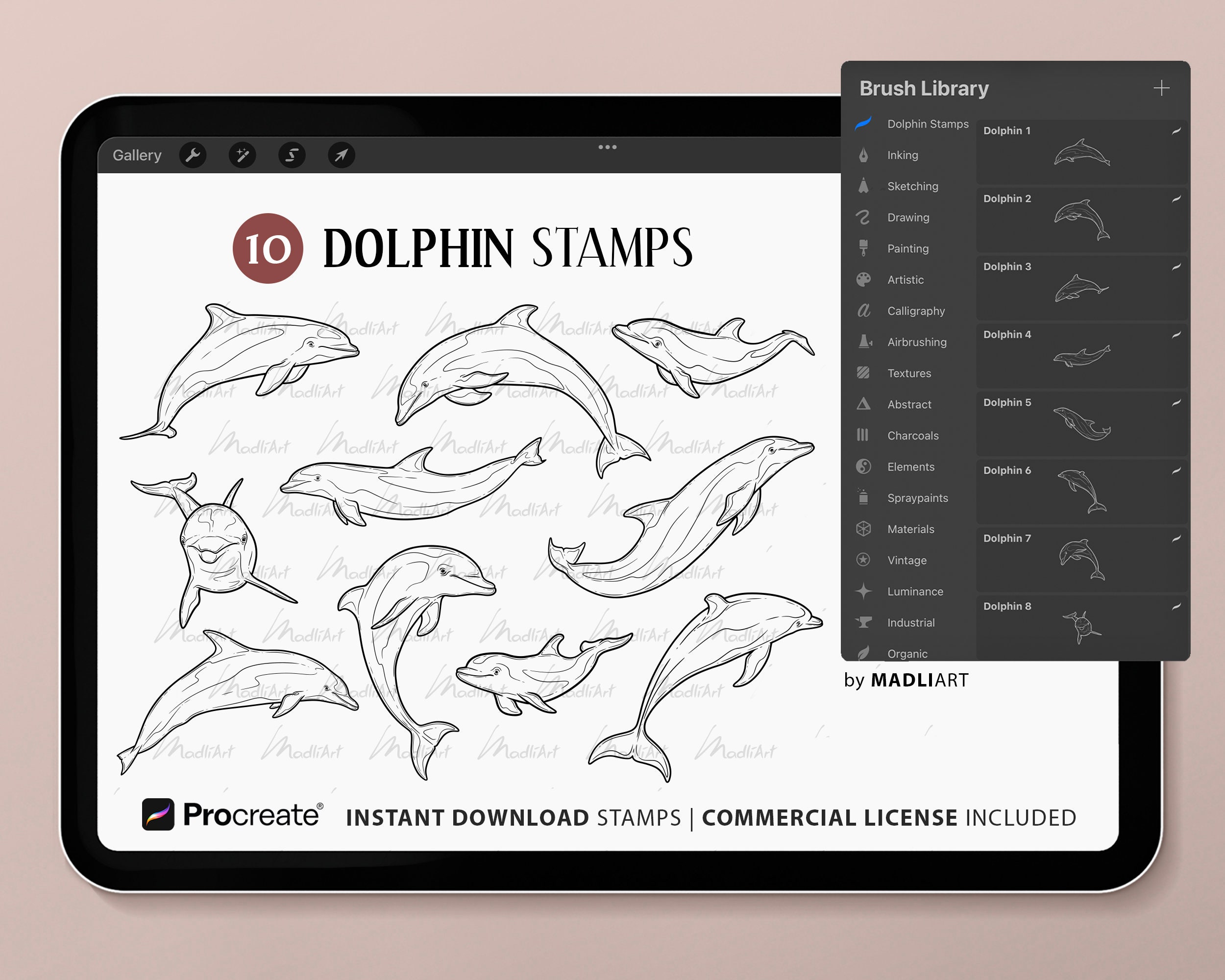 10 Procreate Dolphin Stamps. Sea Animal Tattoo Design. Ocean Fish Line ...