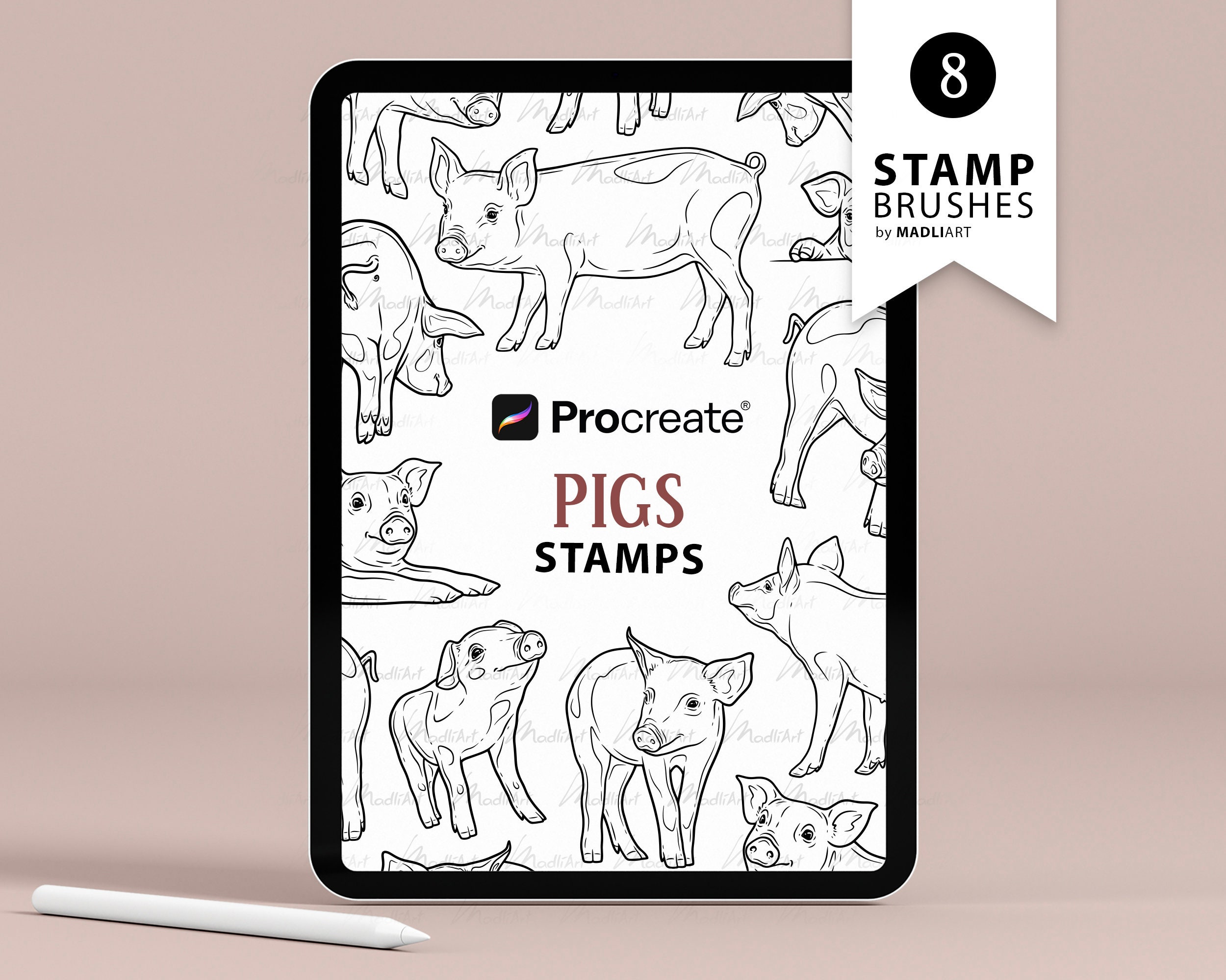 8 Pig Procreate Stamps. Pig Tattoo Design. Farm Animal Art - Etsy