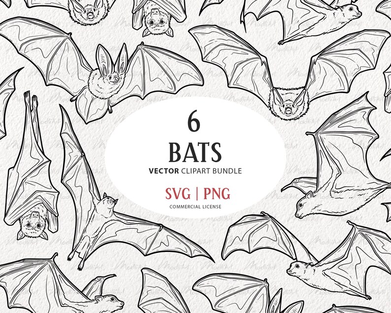 6 Bats SVG Clipart. Flying Bat Vector Art. Fruit Bat Line - Etsy
