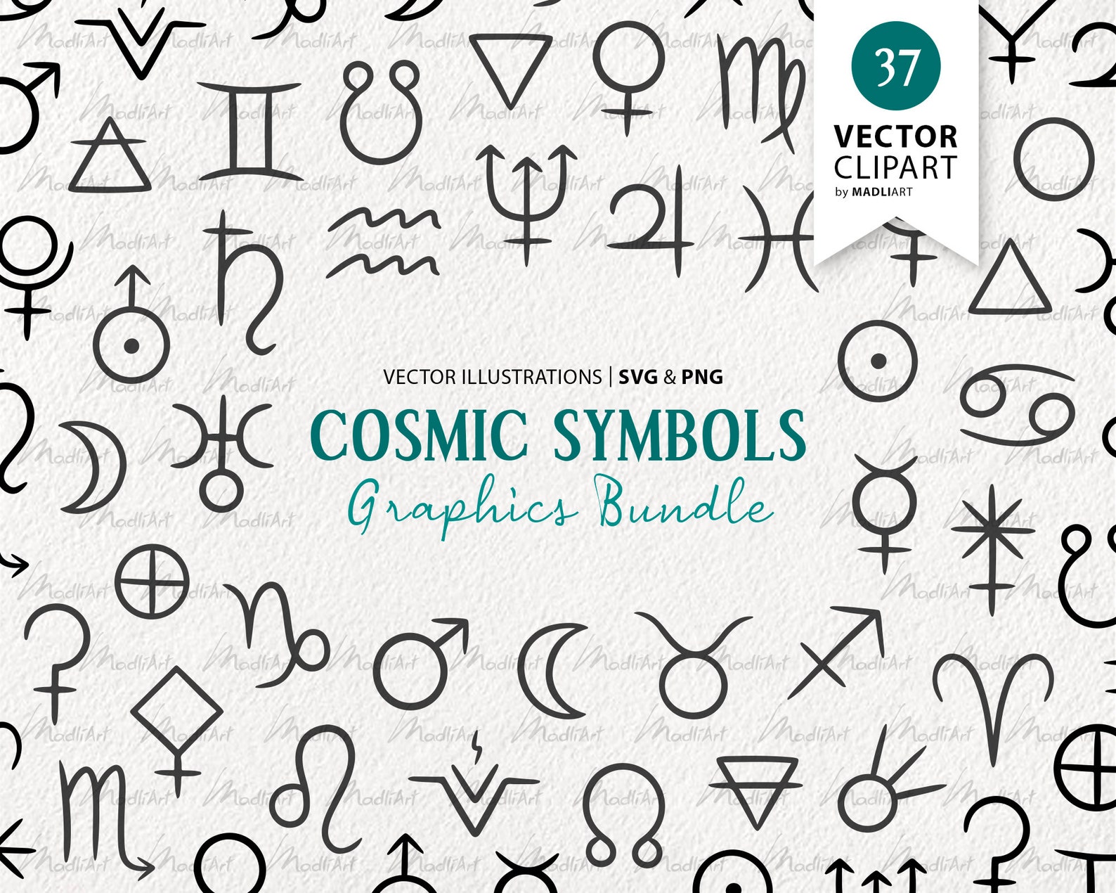 37 Cosmic Symbols Clipart. Zodiac Signs Vector Graphics. Planet Icons ...