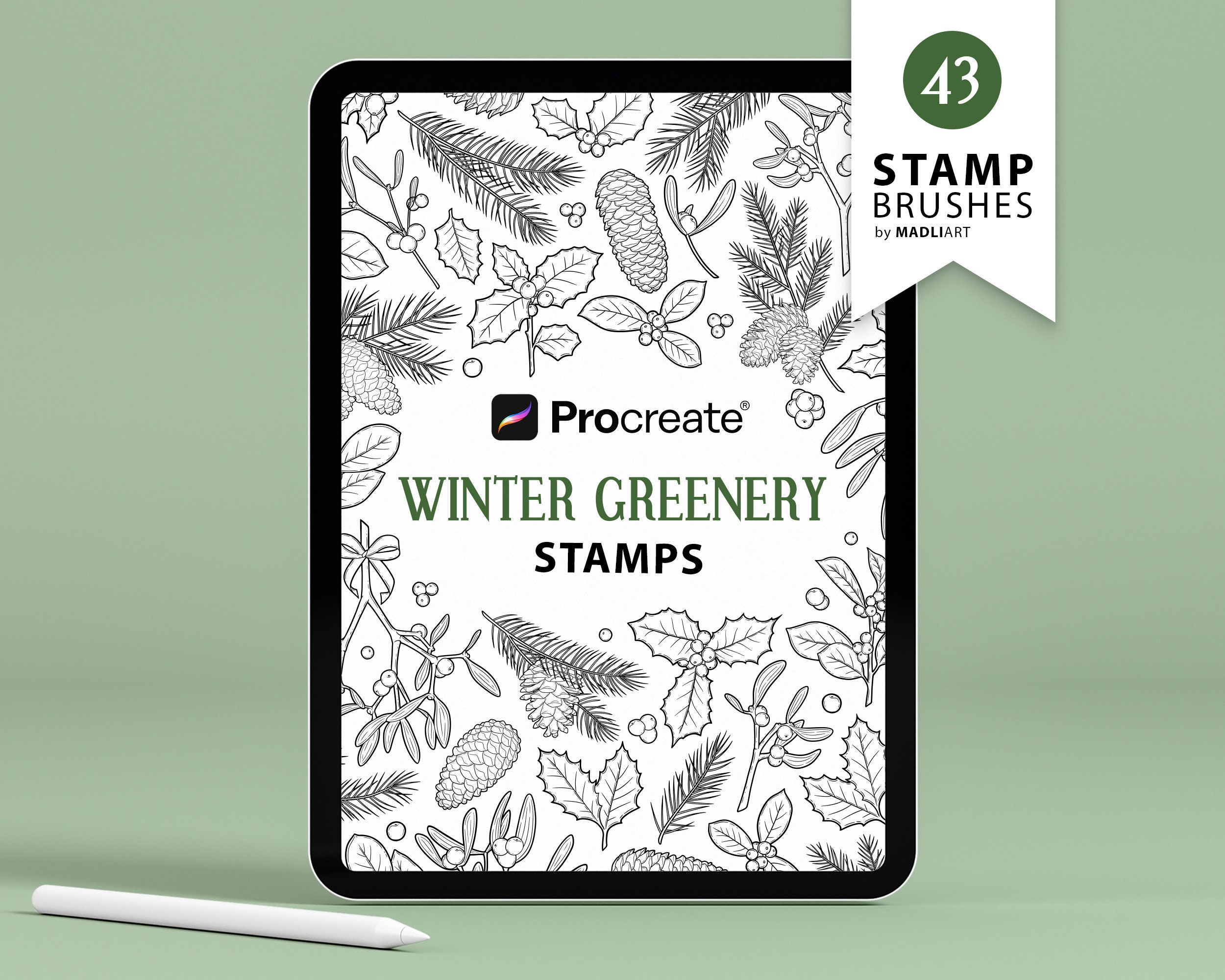 43 Winter Greenery Procreate Stamps. Winter Leaves Tattoo Design. Xmas ...