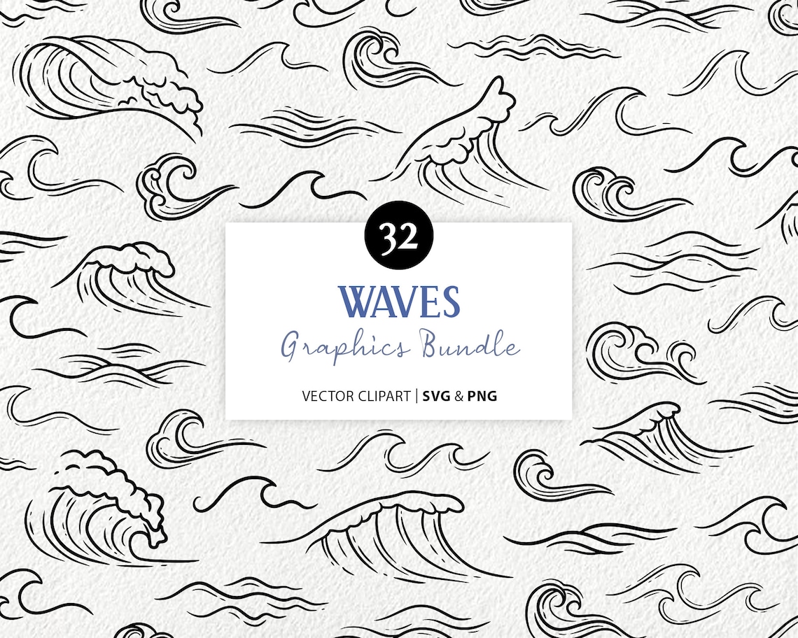 32 Waves Vector Clipart. Hand Drawn Wave Line Graphics. Beach - Etsy
