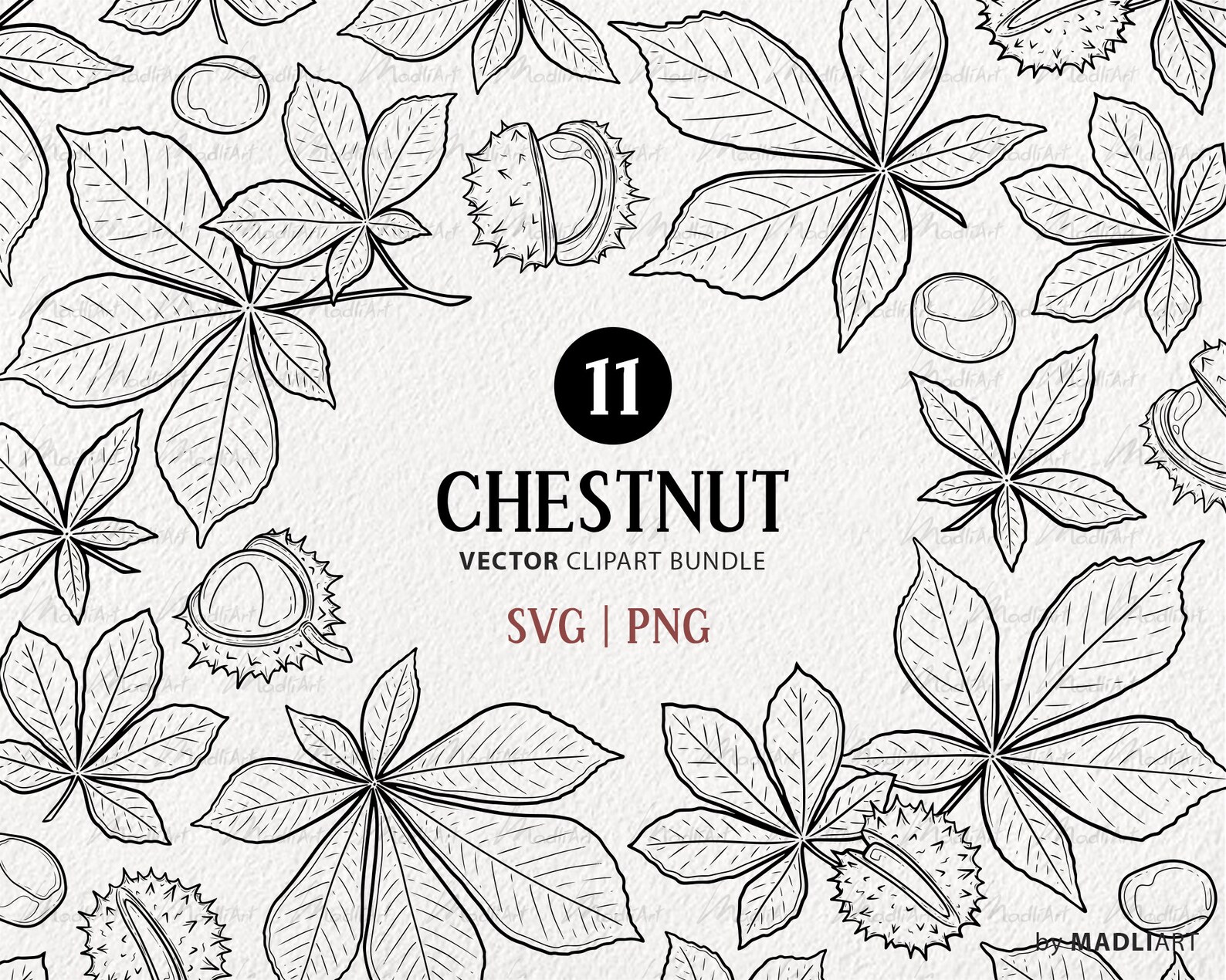 Chestnut Clipart Bundle. 11 Vector Autumn Elements. Fall Leaves Line ...