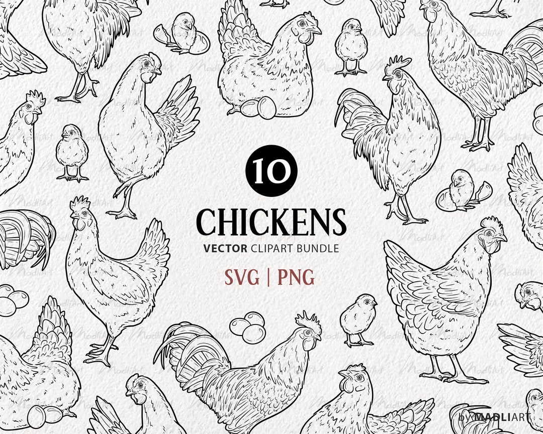 Chicken SVG Clipart Bundle. Hen Rooster Baby Chick Vector Art. Farm ...