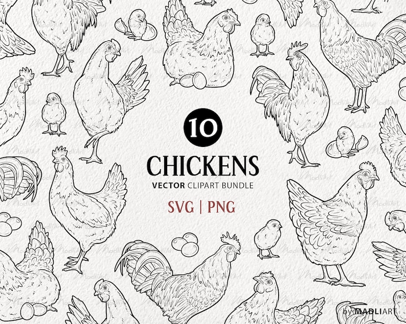 Chicken SVG Clipart Bundle. Hen Rooster Baby Chick Vector Art. Farm ...