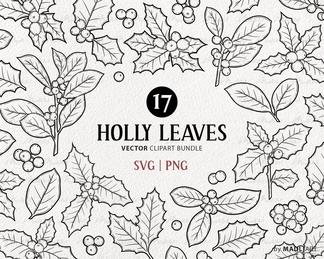 Christmas Holly Vector Clipart Bundle. Mistletoe SVG Leaves. Xmas Line ...