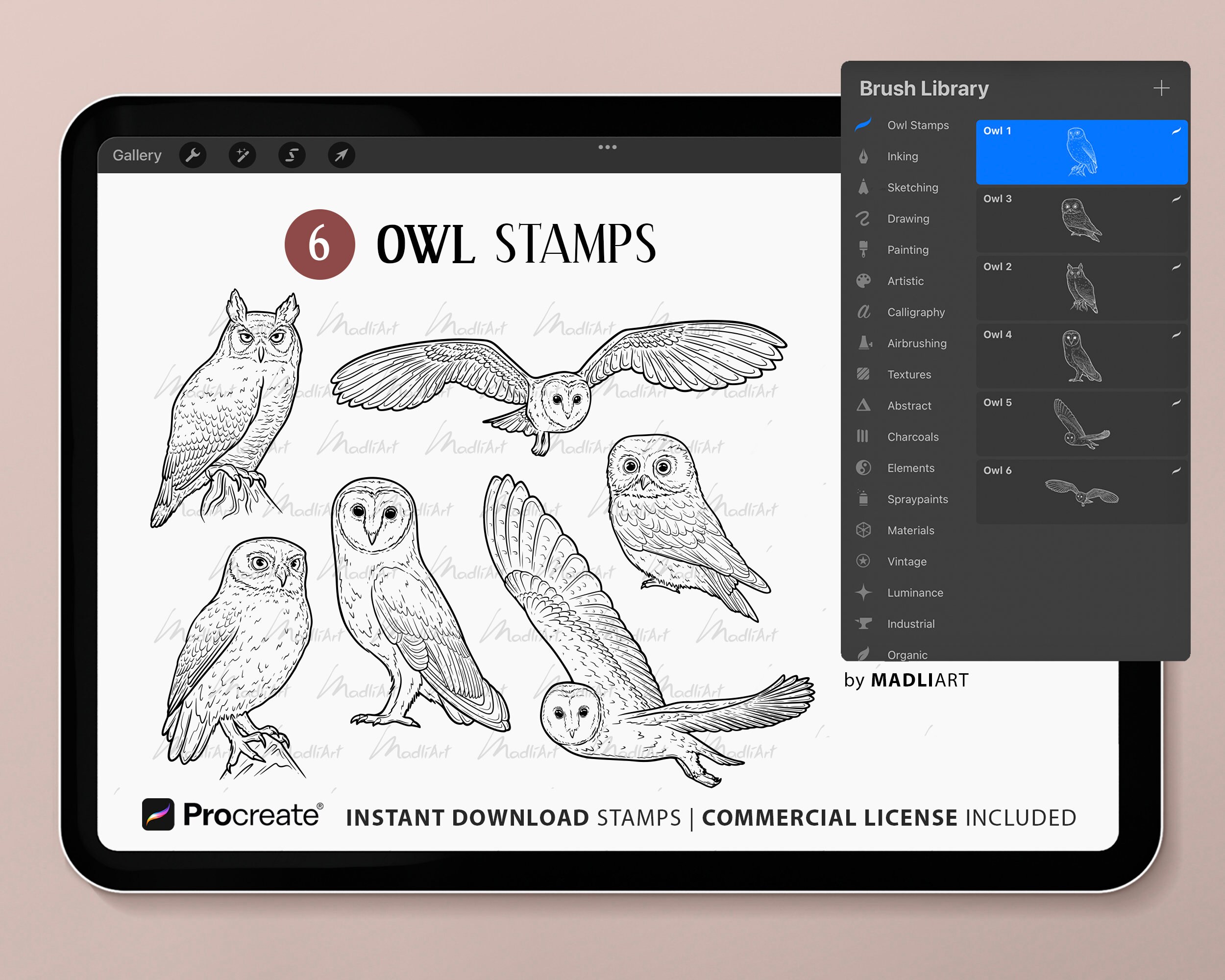 6 Owl Procreate Stamps. Owl Tattoo Design. Barn Owl Horned Owl - Etsy