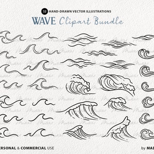 32 Waves Vector Clipart. Hand Drawn Wave Line Graphics. Beach Sea Art ...