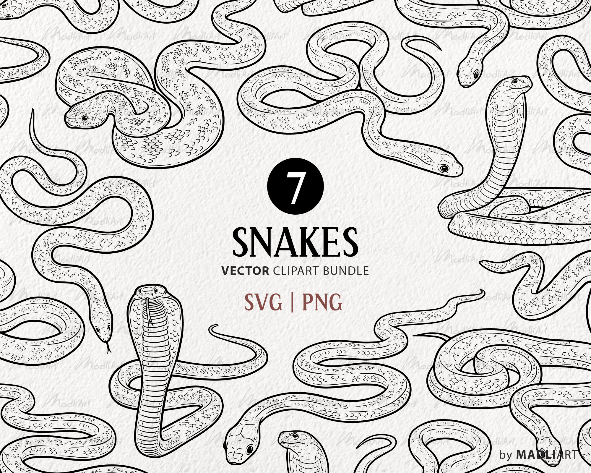 7 Snakes SVG Clipart Bundle. Cobra Vector Drawings. Rattlesnake Tattoo ...