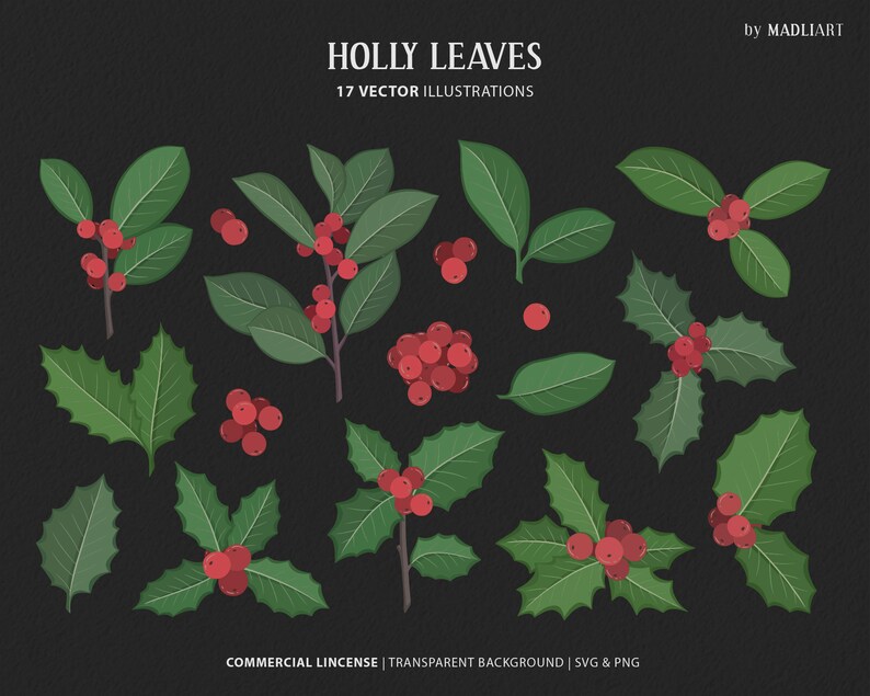 Christmas Holly Vector Clipart Bundle. Mistletoe SVG Leaves. Xmas Line ...