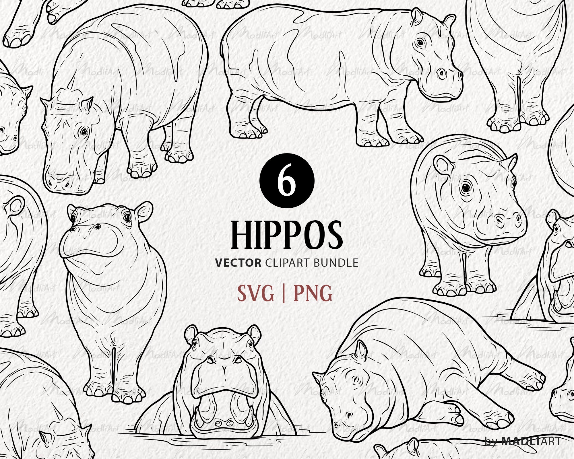 6 Hippos SVG Clipart Bundle. Hippopotamus Vector Drawings. Baby Hippo Art. Hippo Black Outline ...