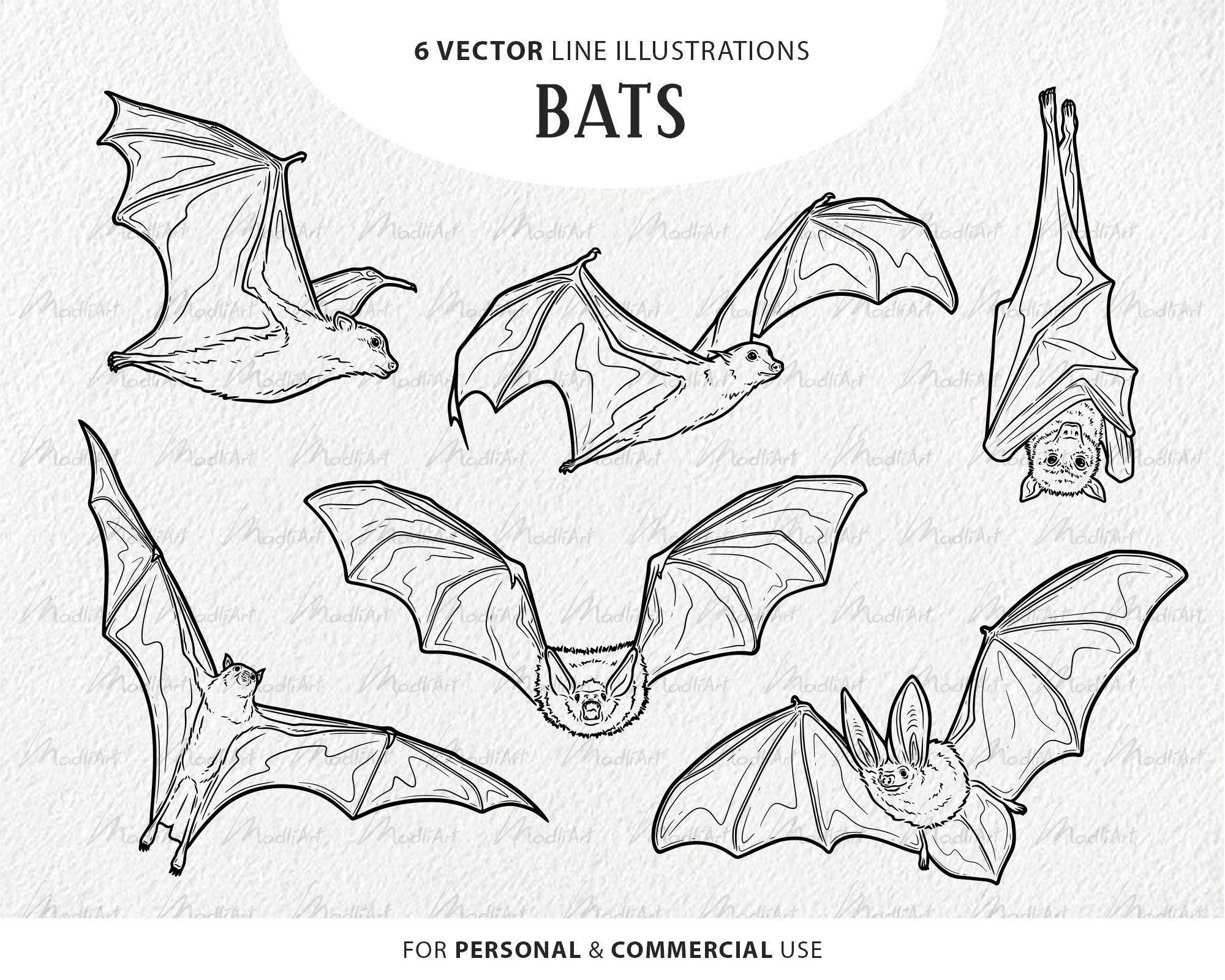 6 Bats SVG Clipart. Flying Bat Vector Art. Fruit Bat Line - Etsy Canada