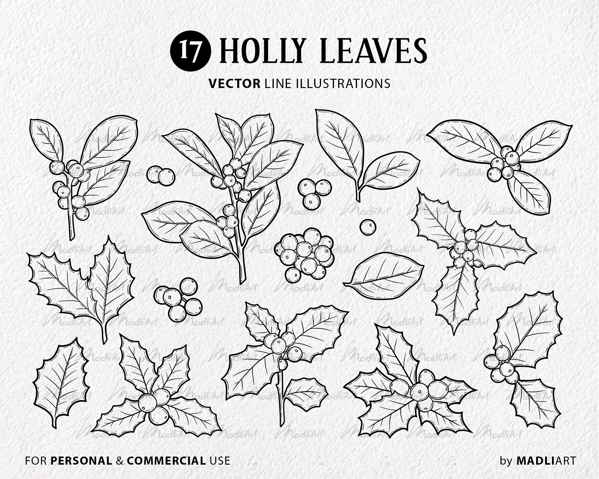 Christmas Holly Vector Clipart Bundle. Mistletoe SVG Leaves. Xmas Line ...