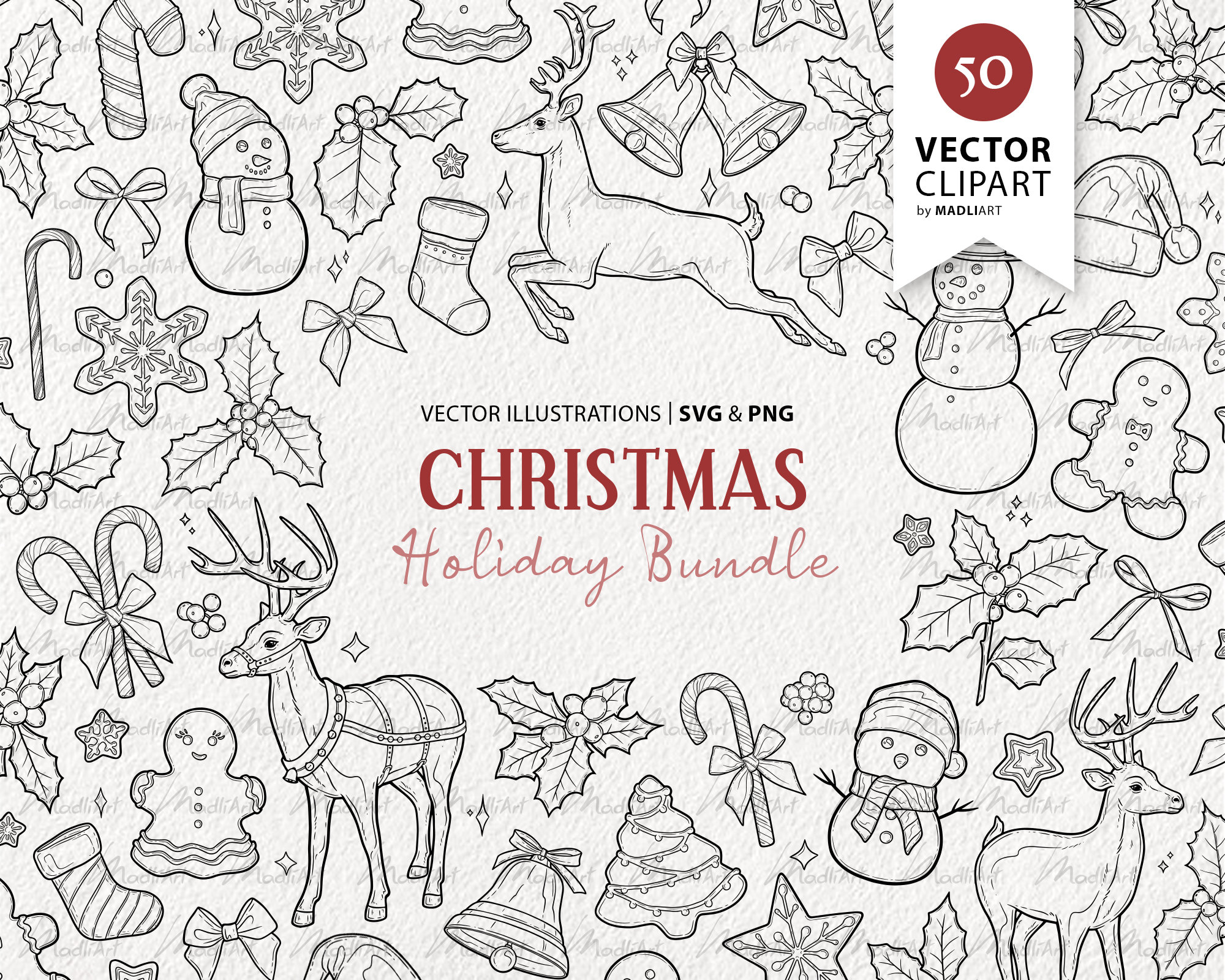 50 Christmas Holiday Clipart Bundle. Xmas Decor Vector Line Art ...